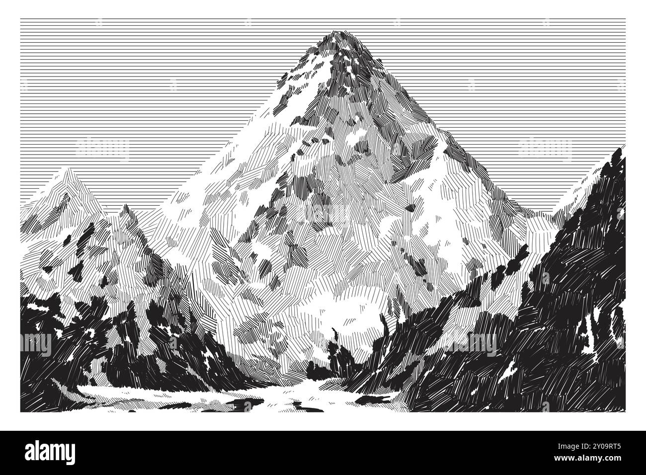 Natural landscape with a view of snowy mountains. Graphic sketch Stock ...