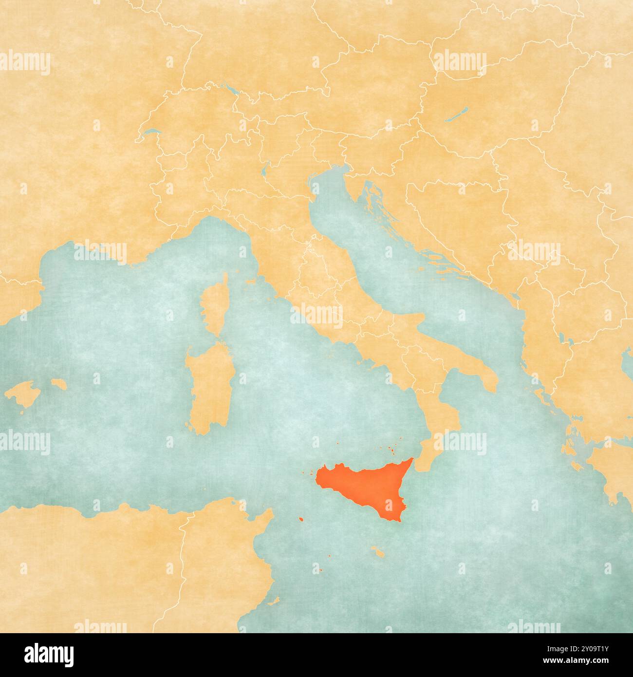 Sicily on the map of Italy in soft grunge and vintage style, like old ...