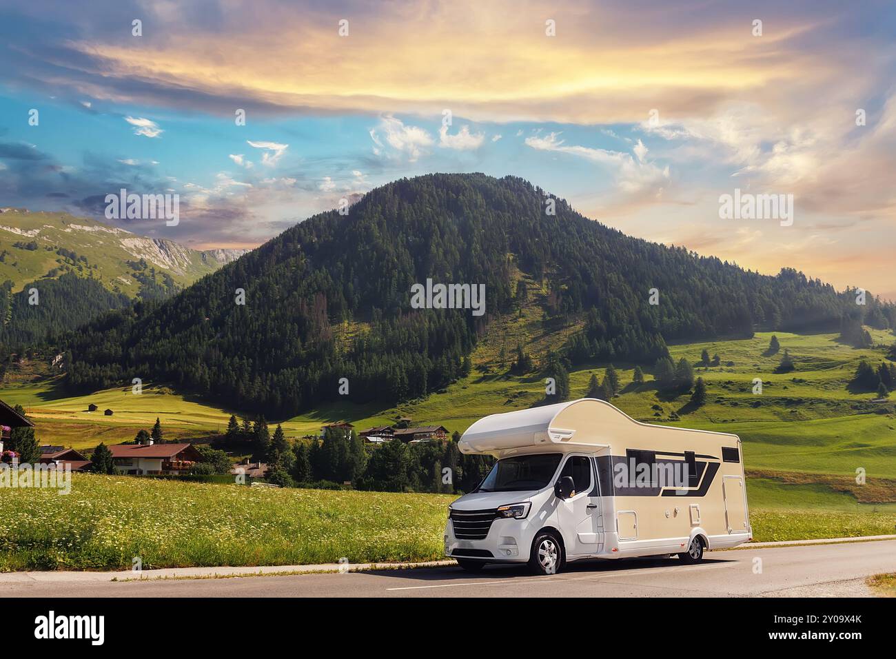 Scenic view big modern white family rv camper van vehicle drive Europe ...