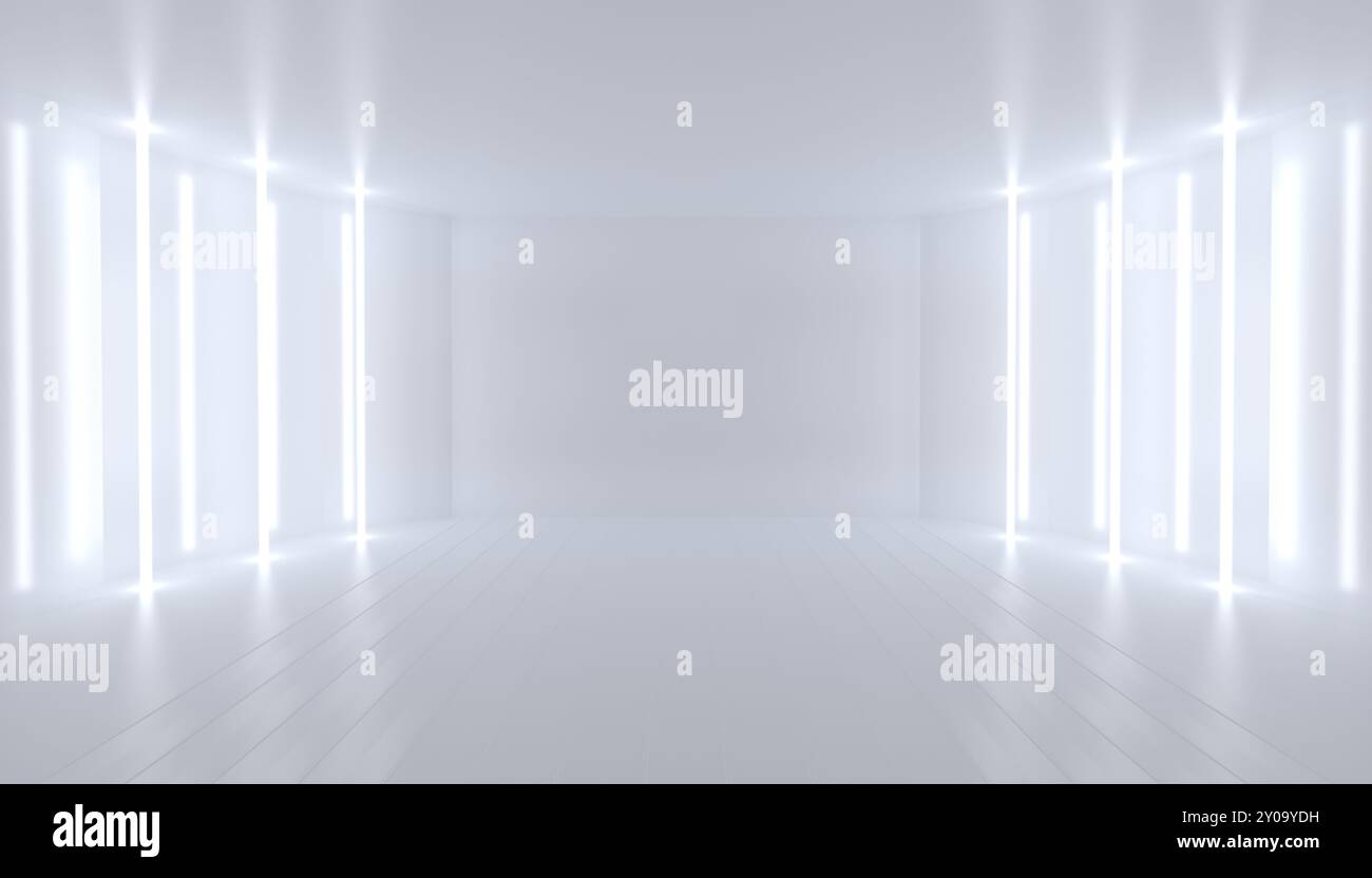 White empty room, reflections bright vertical lamps on glossy floor ...