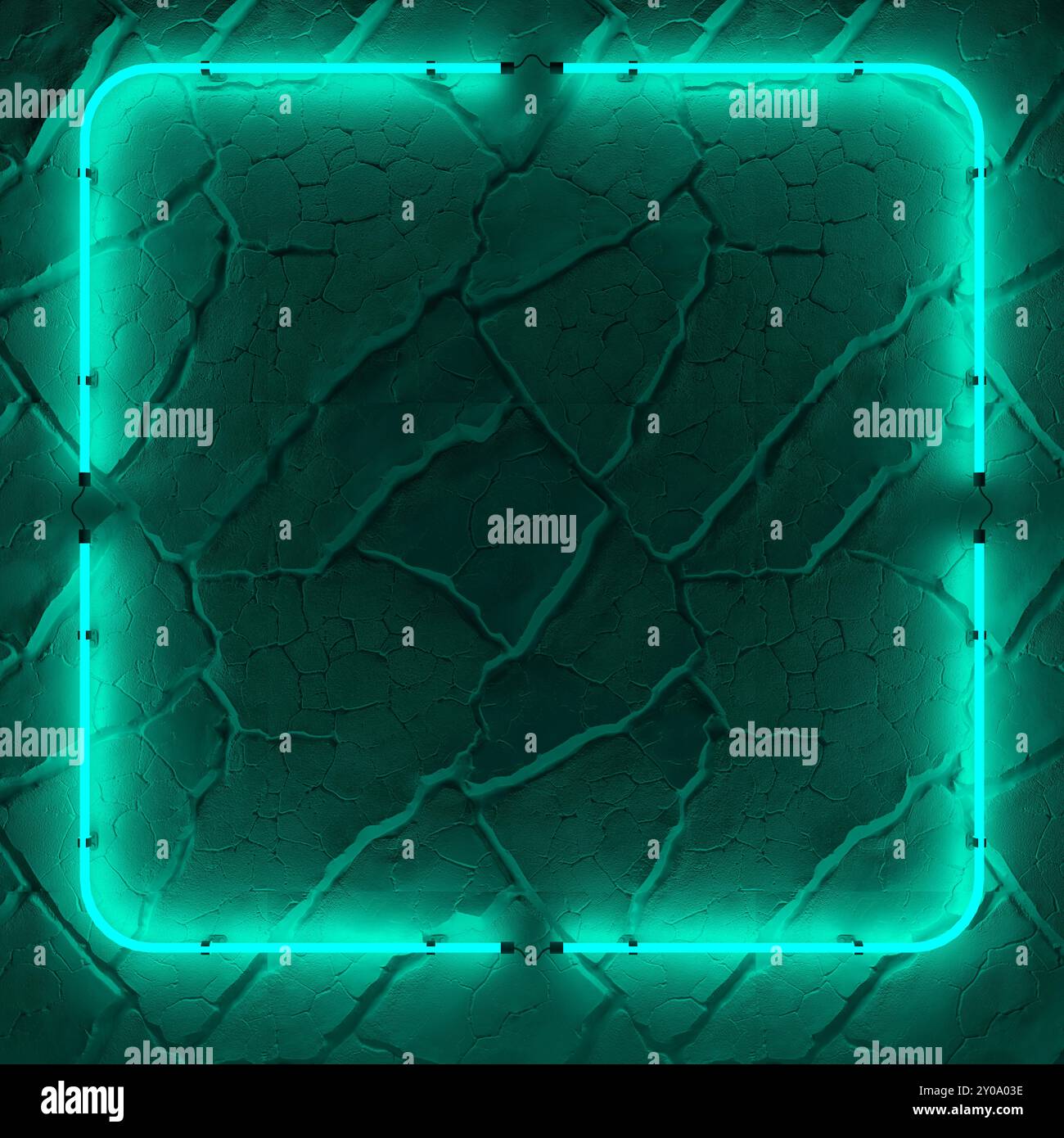 Square glowing neon frame on a dark relief plastered wall. Green glow ...