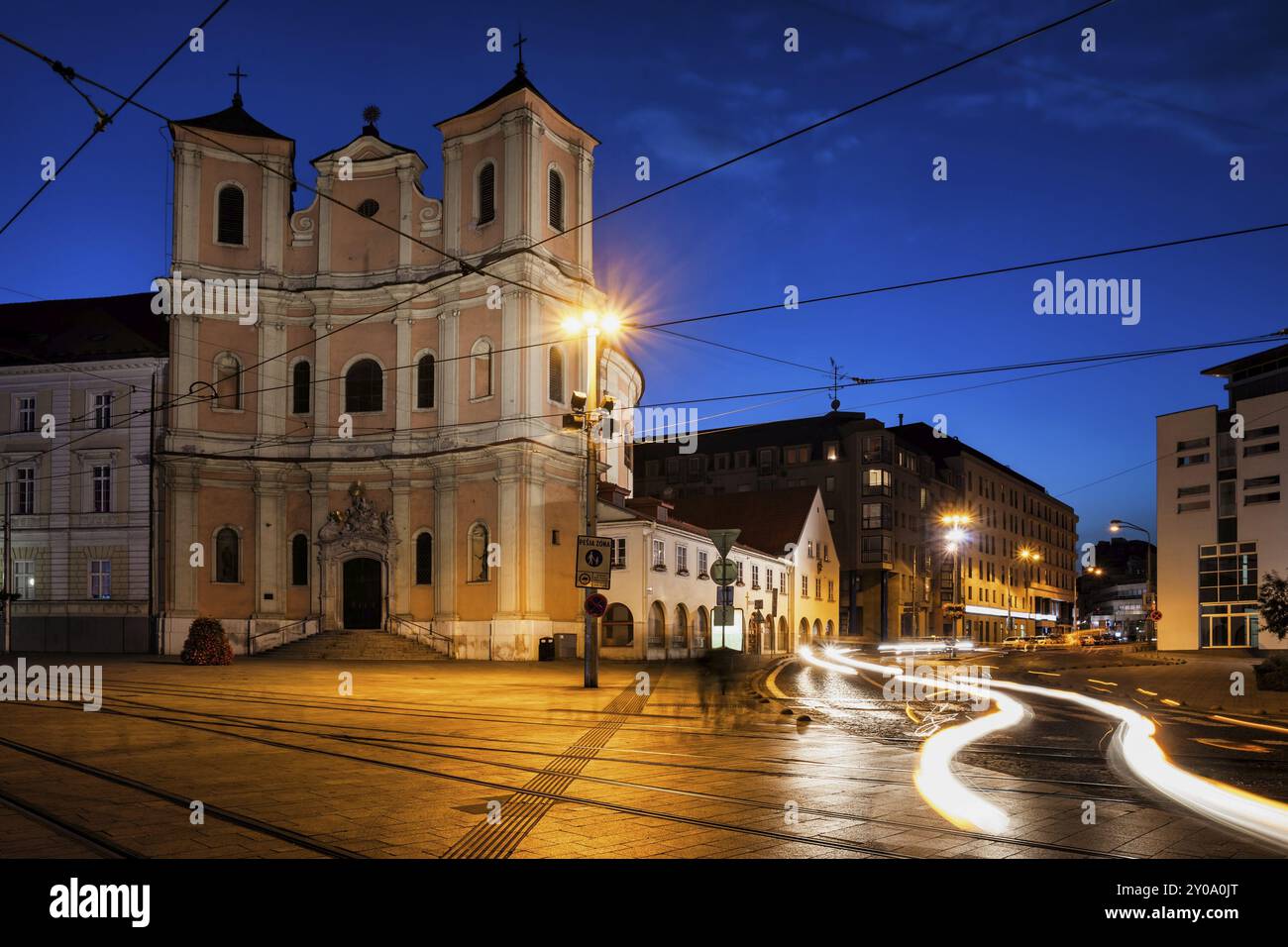 Bratislava city by night in Slovakia, Trinity Church (Trinitarian) from ...