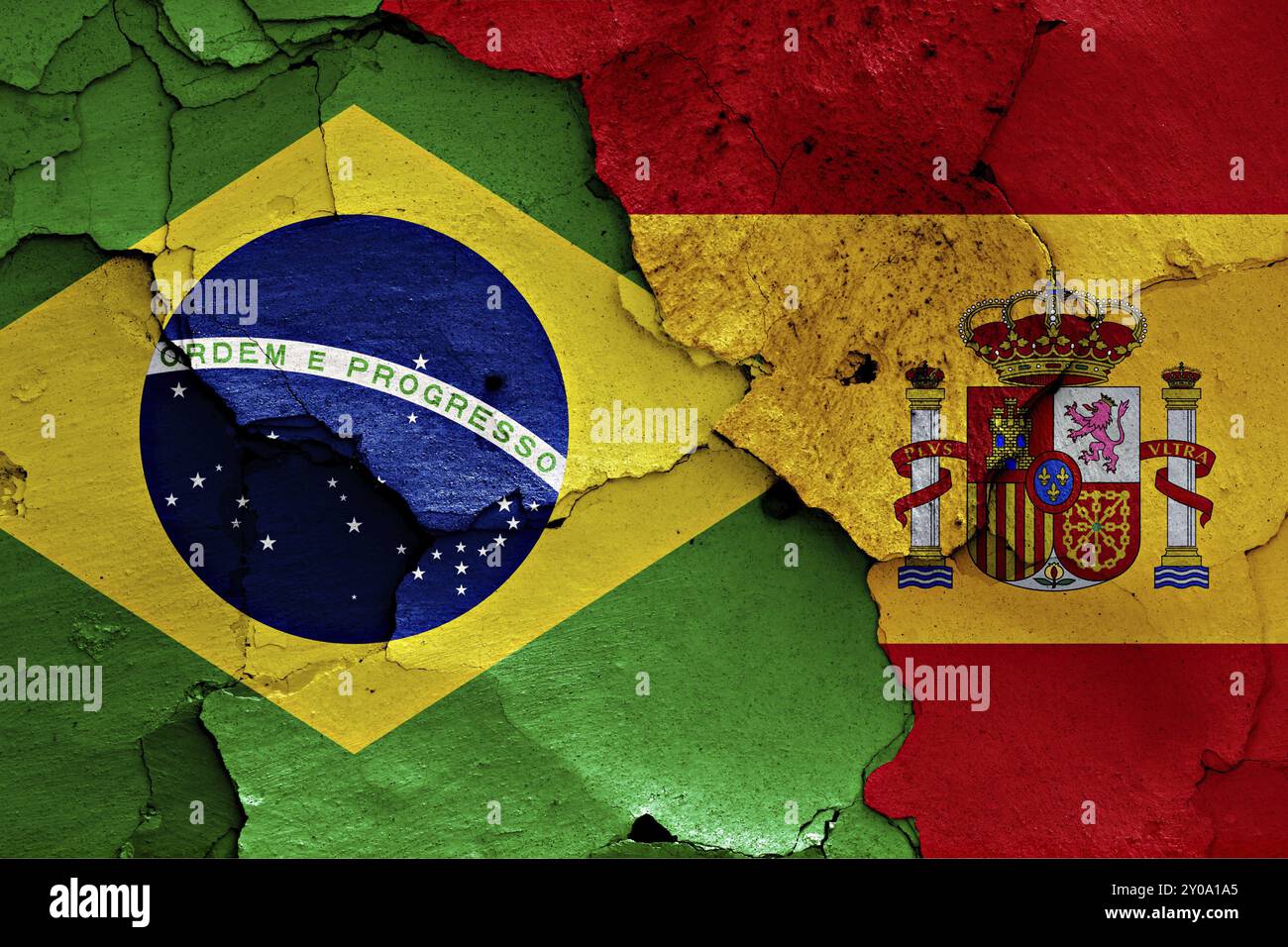 Flags of Brazil and Spain painted on cracked wall Stock Photo - Alamy