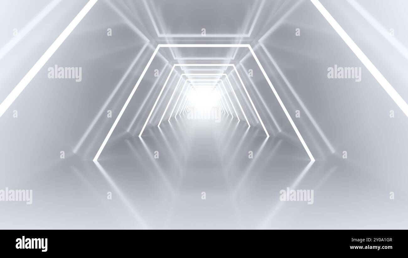 3D render of a symmetrical, illuminated, white corridor with a ...