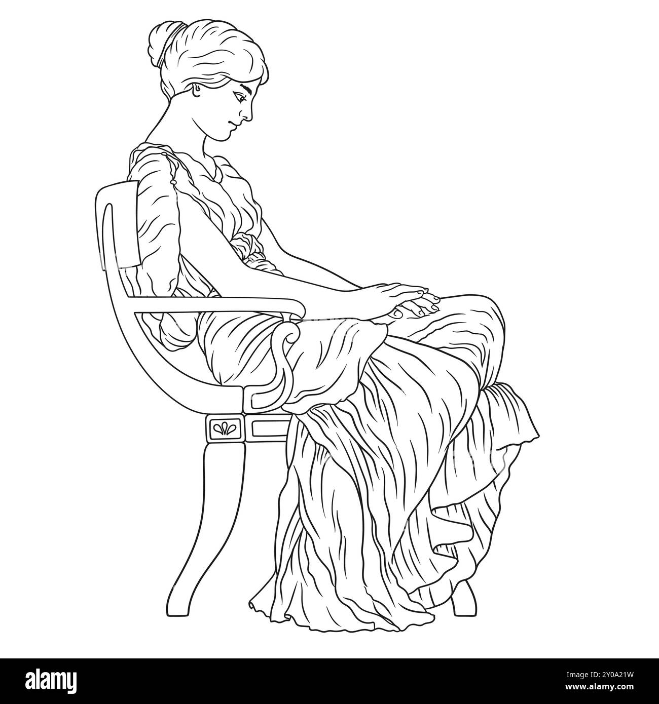 An ancient Greek young woman in a tunic sitting on a chair, folding her ...