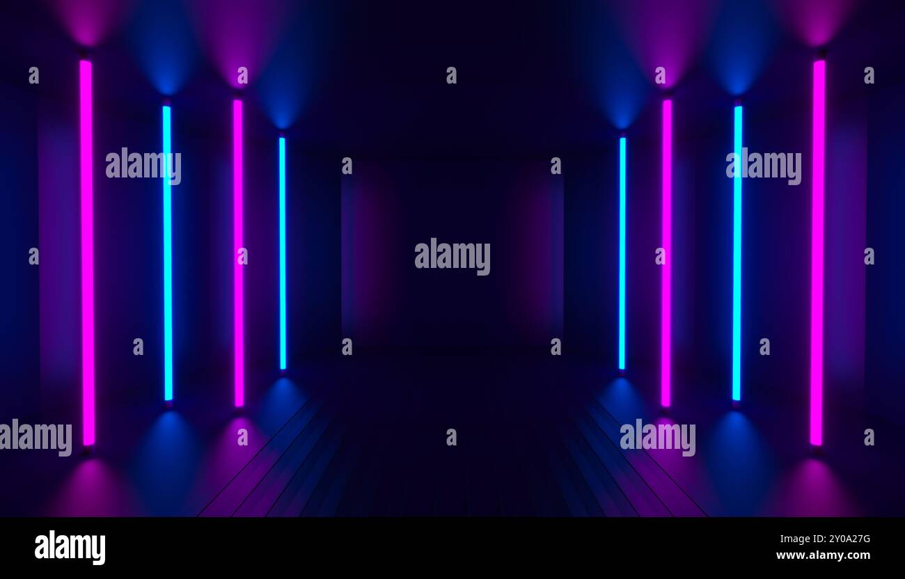 Colorful background scene. Bright light from vertical lamps. 3d ...