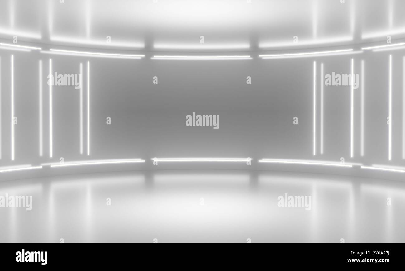 Abstract rounded pedestal podium room. Sci-fi empty stage concept with glowing neon lighting ...