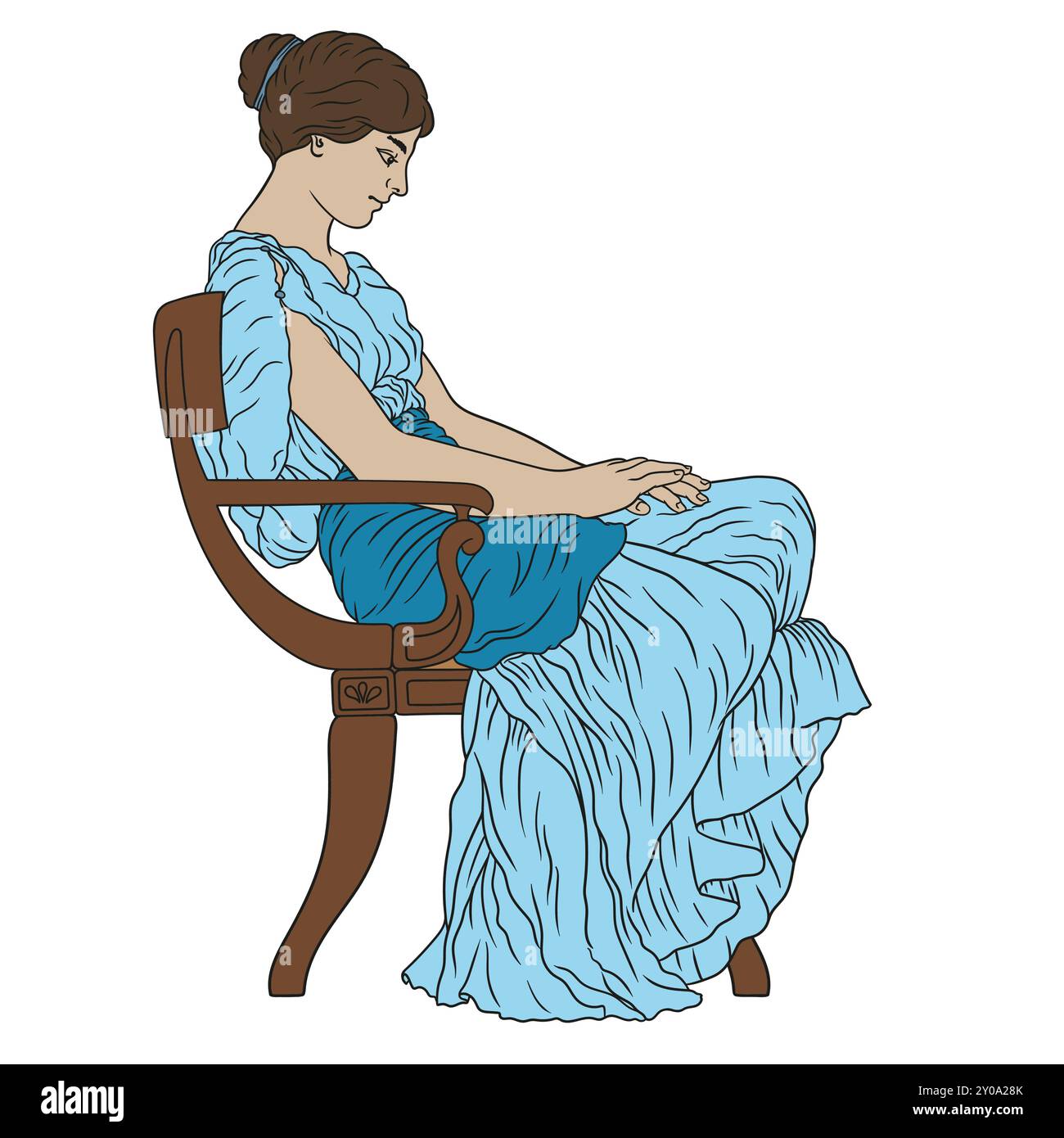 An ancient Greek young woman in a tunic sitting on a chair, folding her ...