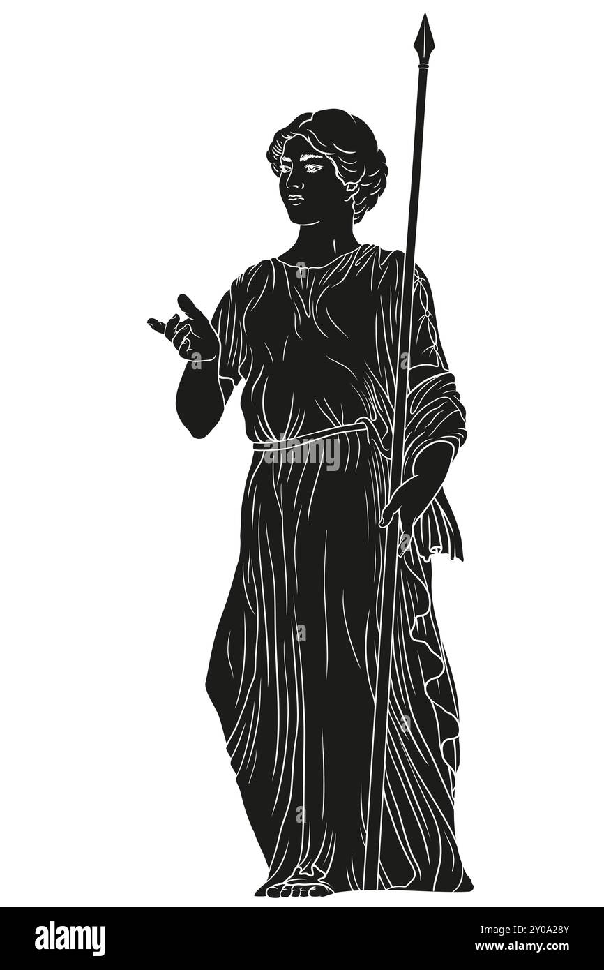 An ancient Greek woman in a tunic stands and holds a spear in her hand ...