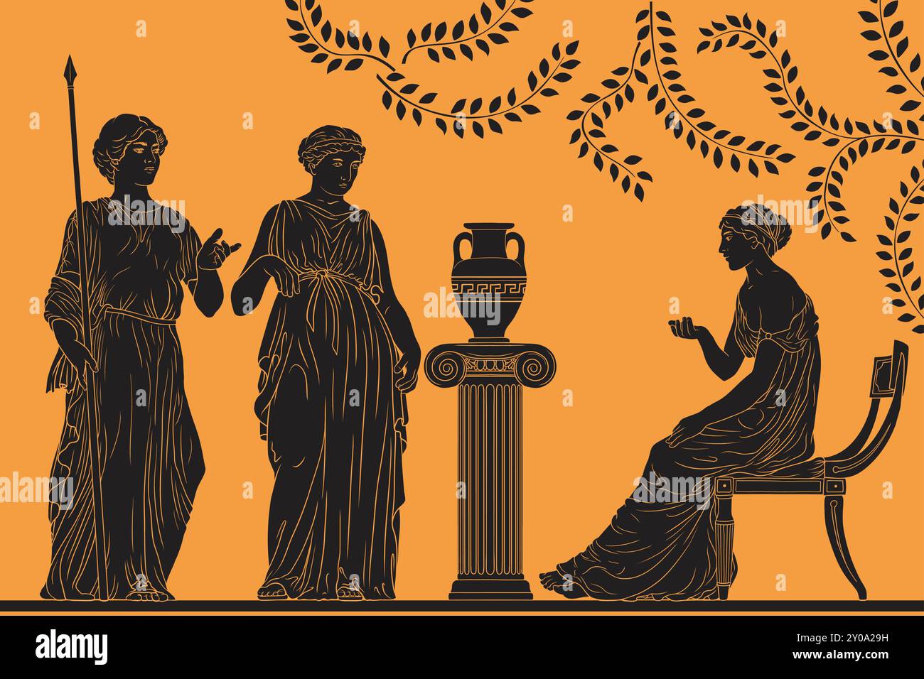 Three ancient Greek women in tunics are having a dialogue in the garden ...