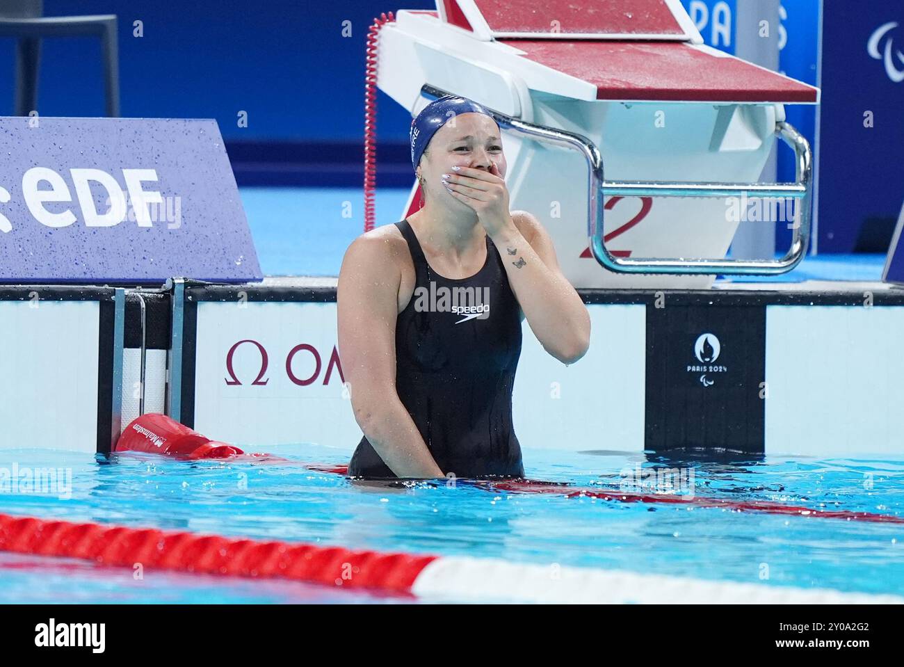 France's Emeline Pierre after winning the Women's 100m Freestyle, S10 ...