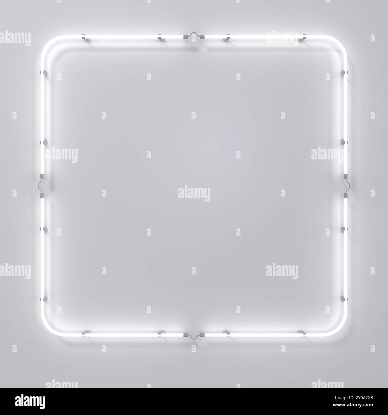 Square glowing neon frame on white wall. White light glow. 3d ...