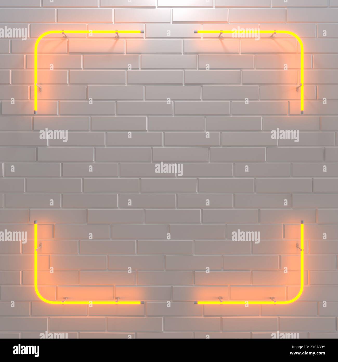 Neon yellow frame on brick white wall. Template neon sign. 3d ...