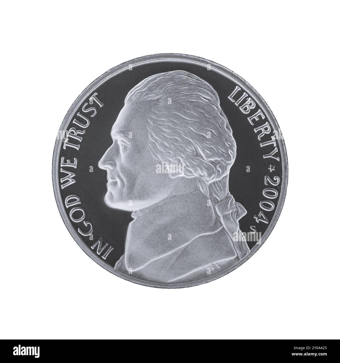 American five cents coin isolated on white background. Thomas Jefferson ...