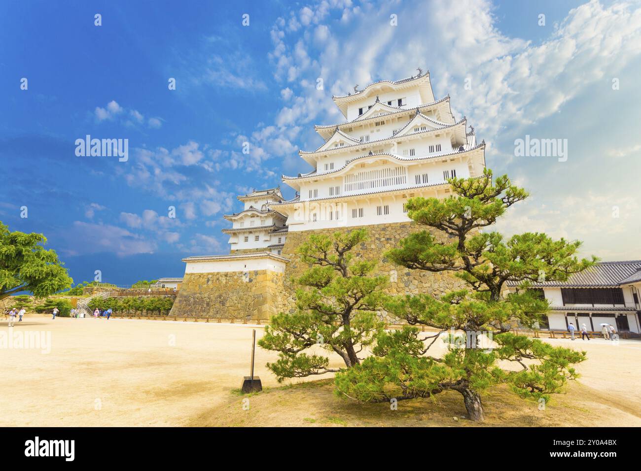 Trees in foreground of inside keep courtyard at base retaining wall on ...