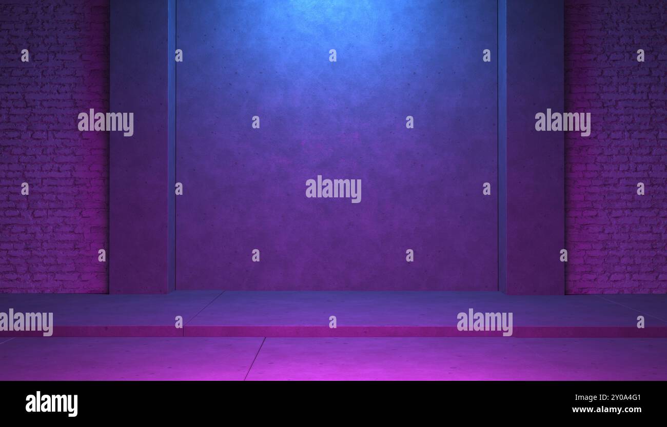 Abstract empty concrete stage with purple brick backwall, industrial ...