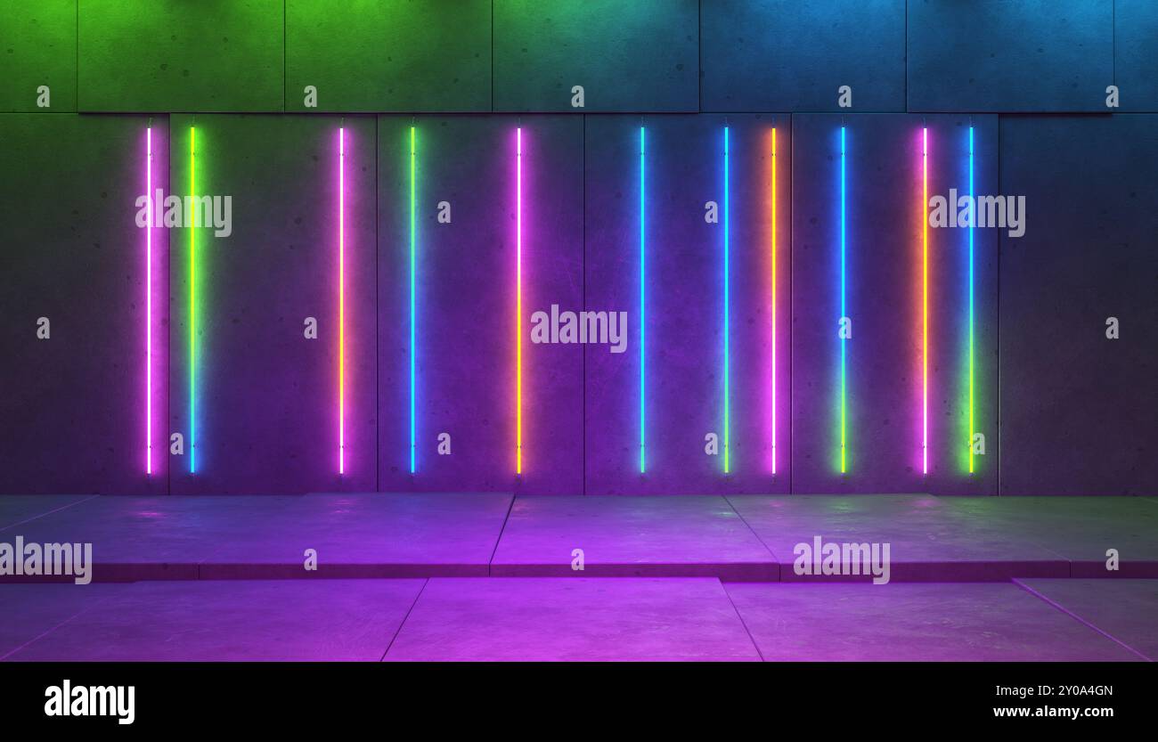 Multicolor neon line lights on concrete wall. Colorful background stage ...