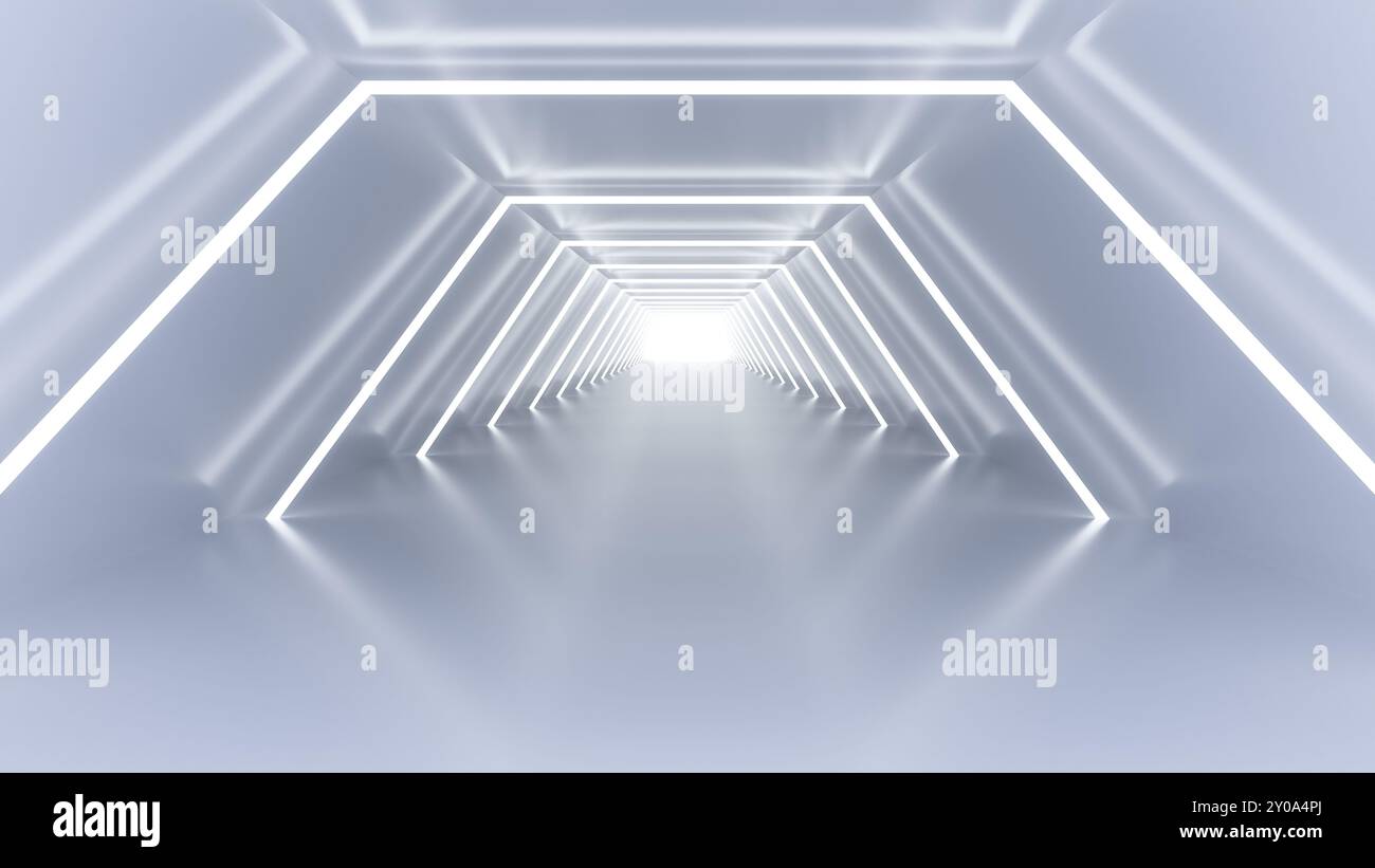 Futuristic tunnel illuminated with bright, white neon lights, sense of ...
