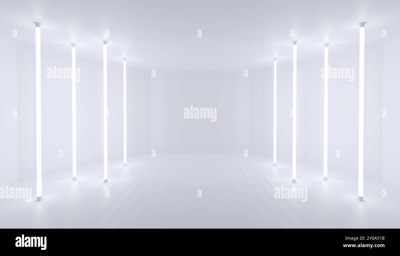 Abstract white background scene. Bright light from vertical lamps. 3d ...