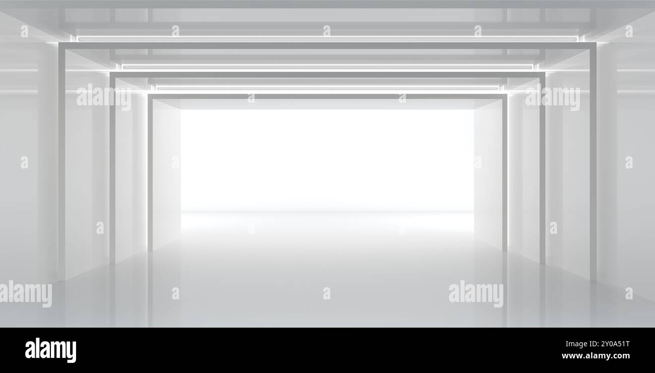 White architectural passage with light at the end, modern 3D ...