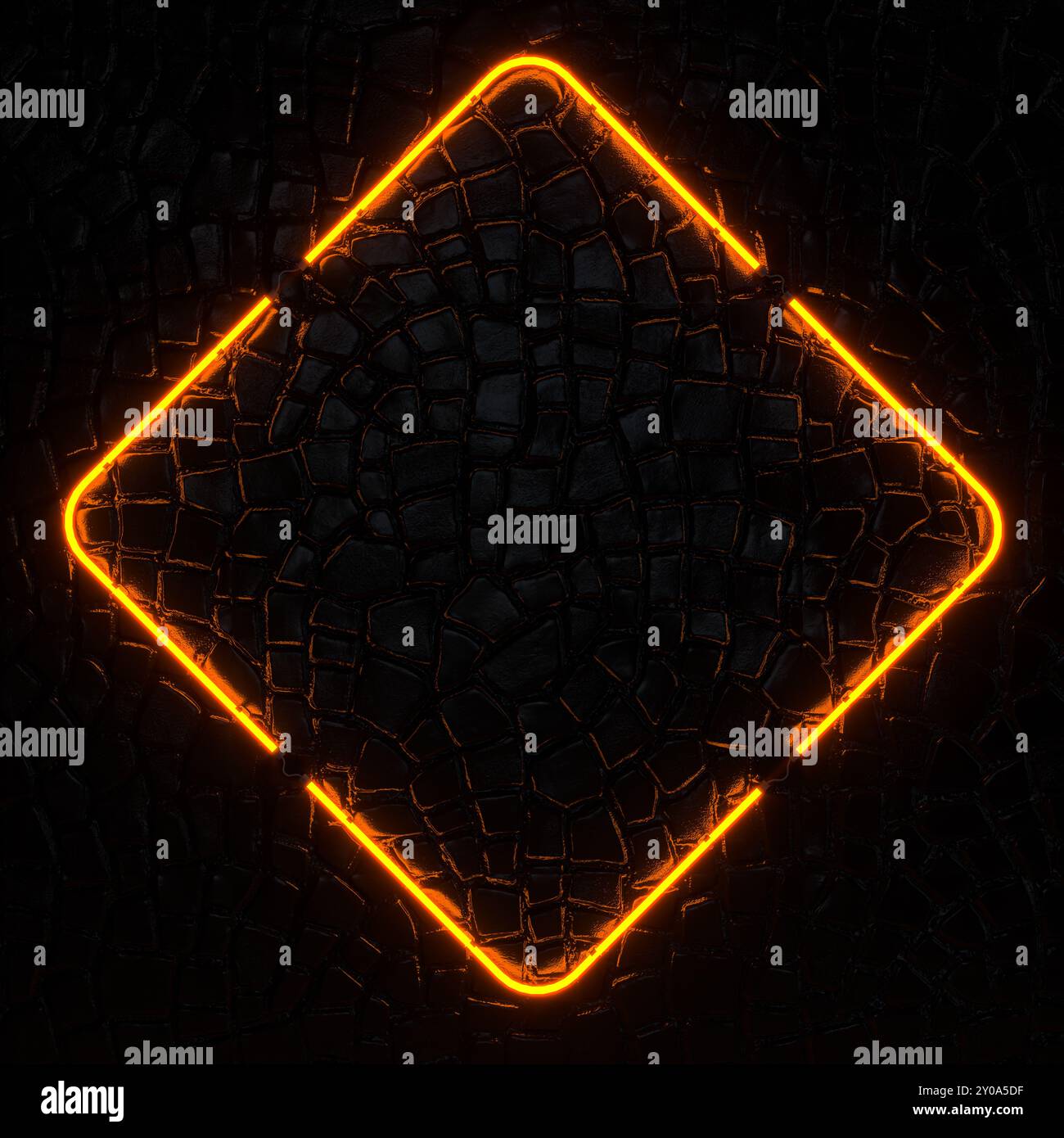 Yellow neon frame with shining effects on dark background. Empty ...