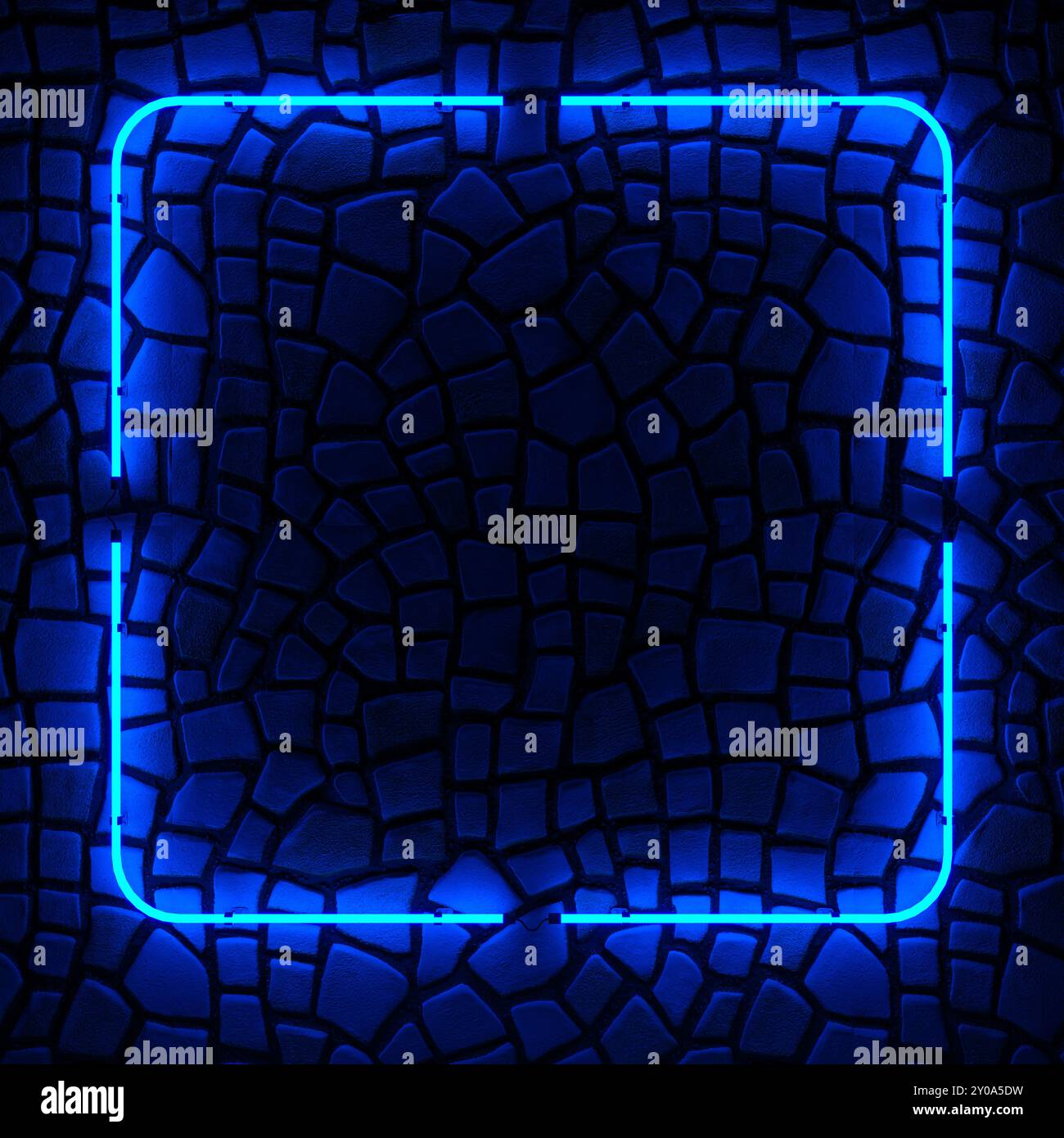 Blue neon frame with shining effects on dark background. Empty glowing ...