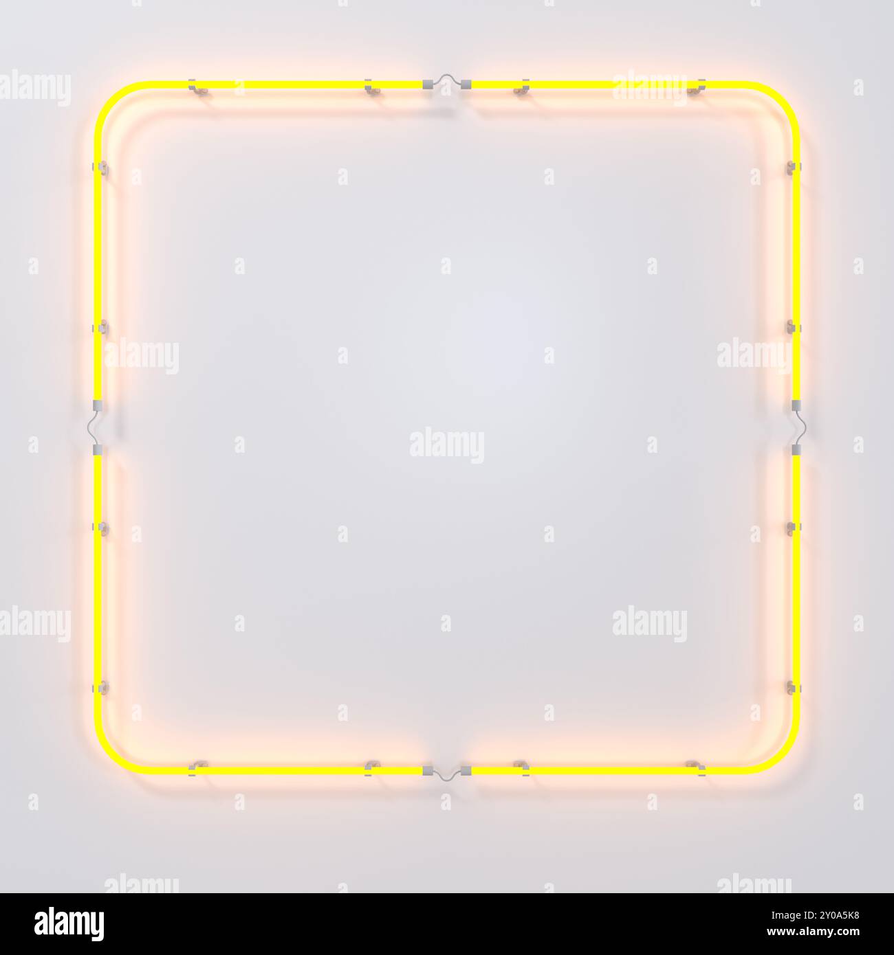 Square glowing neon frame on white wall. Yellow glow. 3d illustration ...