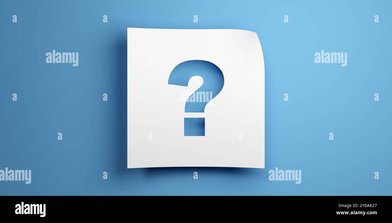 Single white paper card with question mark cut out on blue background ...
