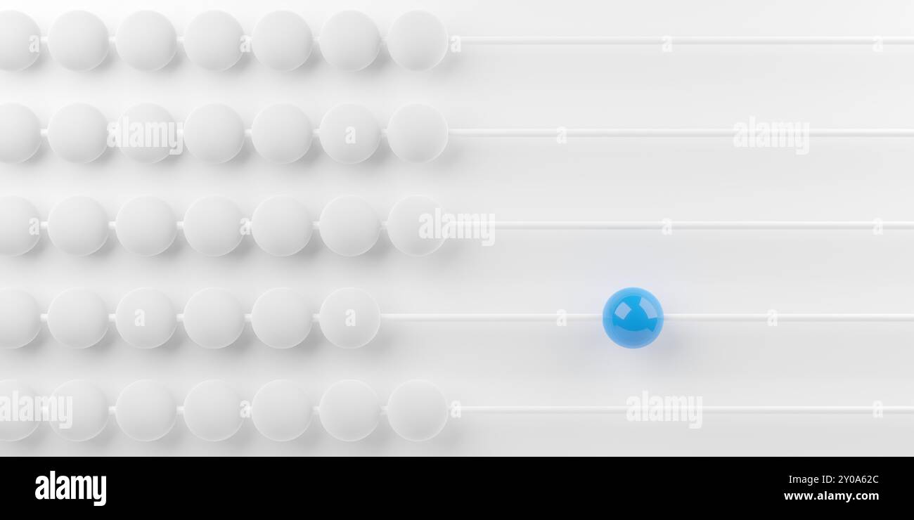 Abacus with white beads and one blue bead on white background, business ...