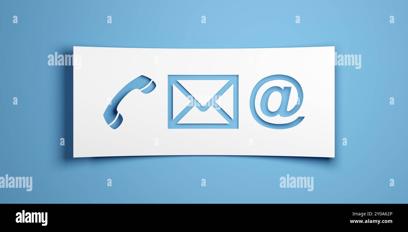 Telephone, envelope letter and e-mail symbols whte paper cut-out on ...