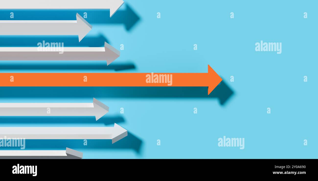 Group of white arrows with one orange leading on blue background ...
