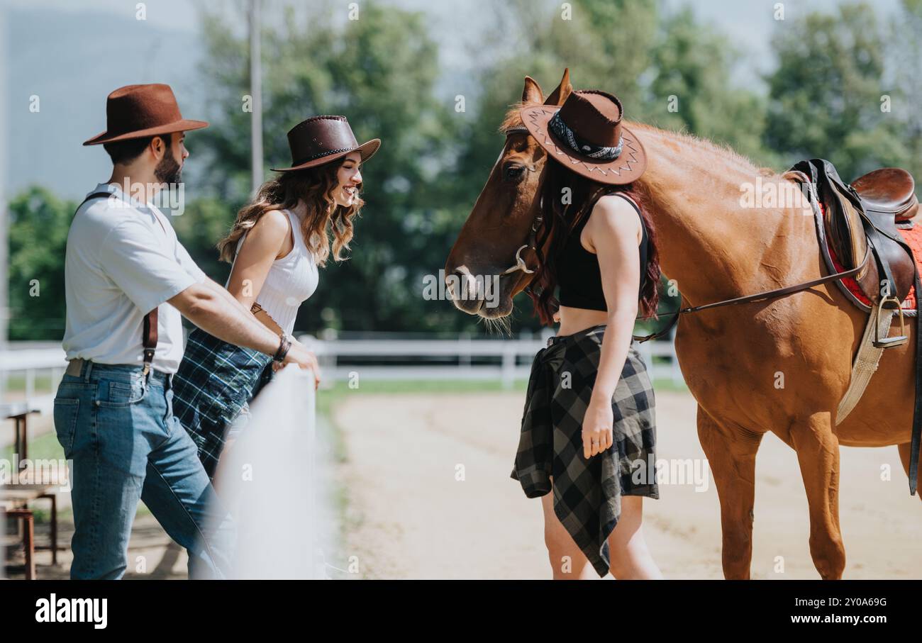 Friends enjoying horse riding and conversation at an outdoor ranch ...