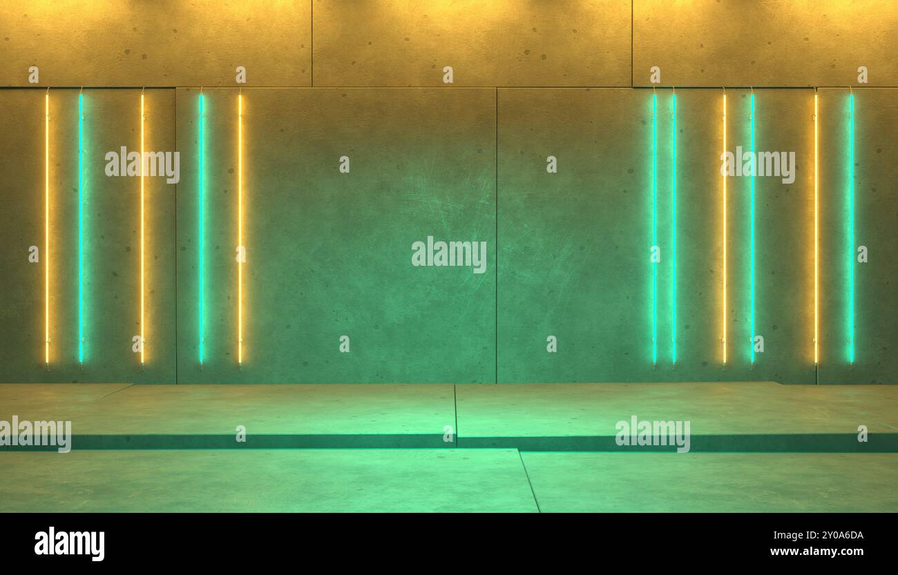 Abstract background with green yellow neon glow. Neon luminous linear ...