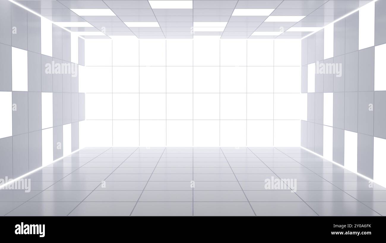 Modern, minimalist white room with bright lighting and a reflective ...