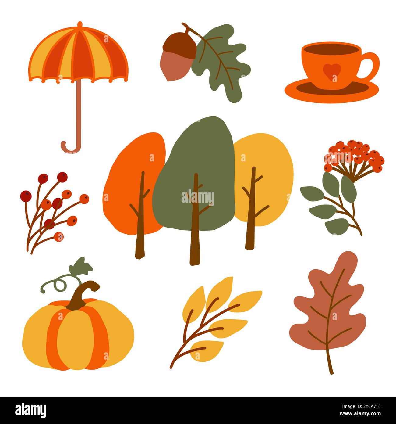 Colorful autumn elements featuring trees, leaves, a pumpkin, an ...
