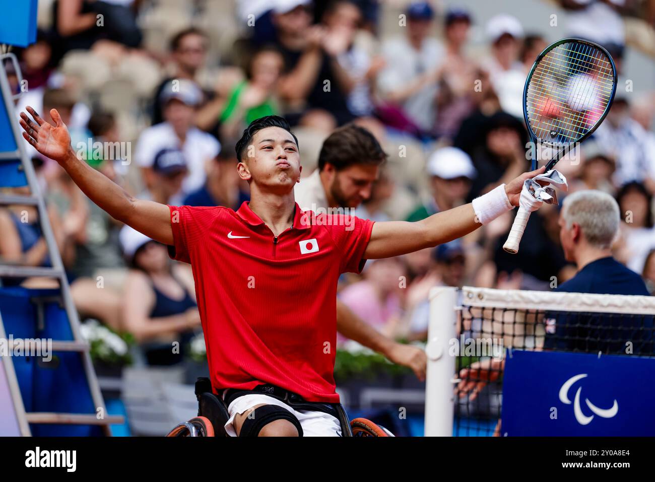 Paris, Sept. 1, 2024, Paralympic wheelchair tennis event. Tokito Oda ...