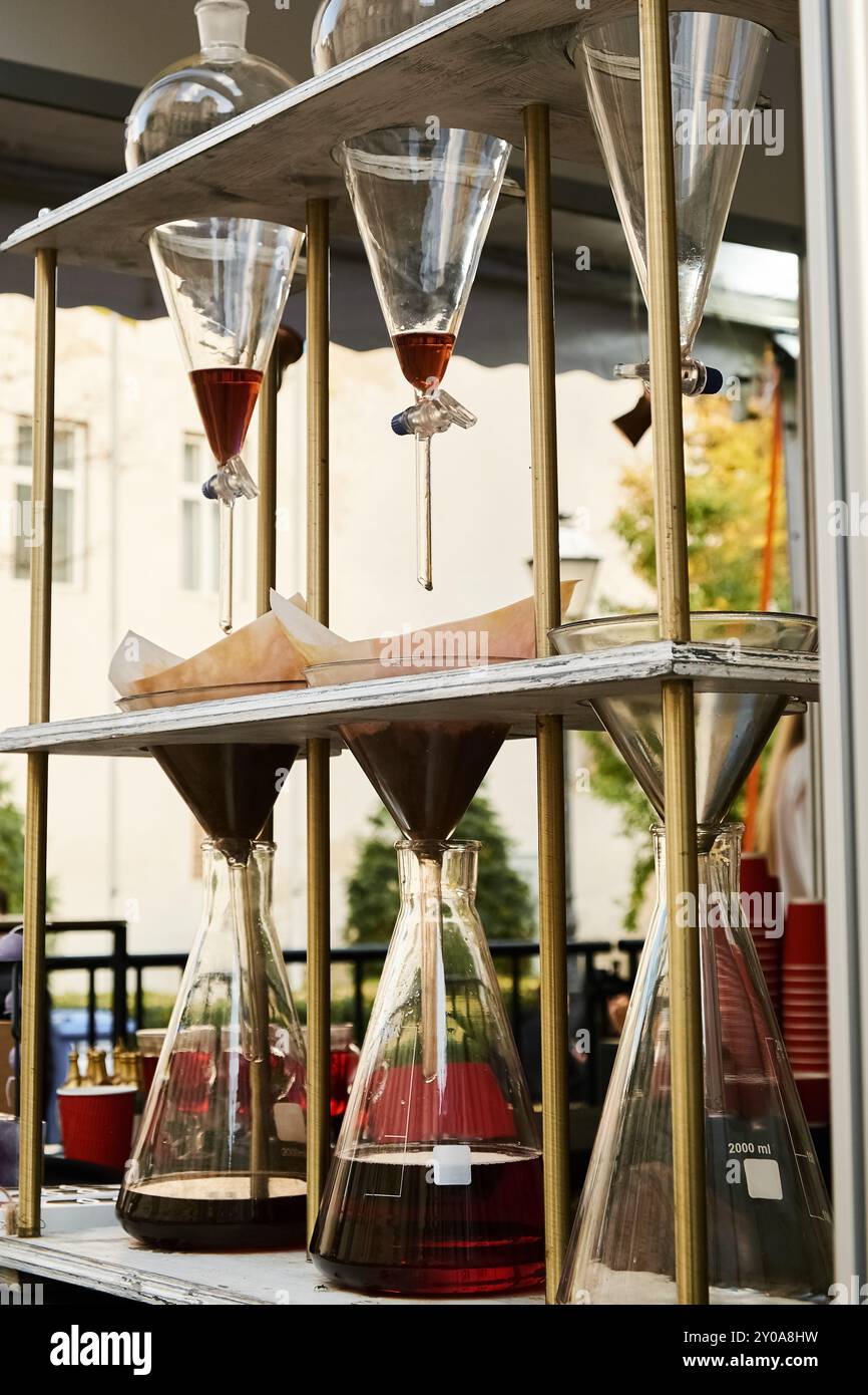 Outdoor Coffee Brewing with Glass Flasks and Funnels Stock Photo - Alamy