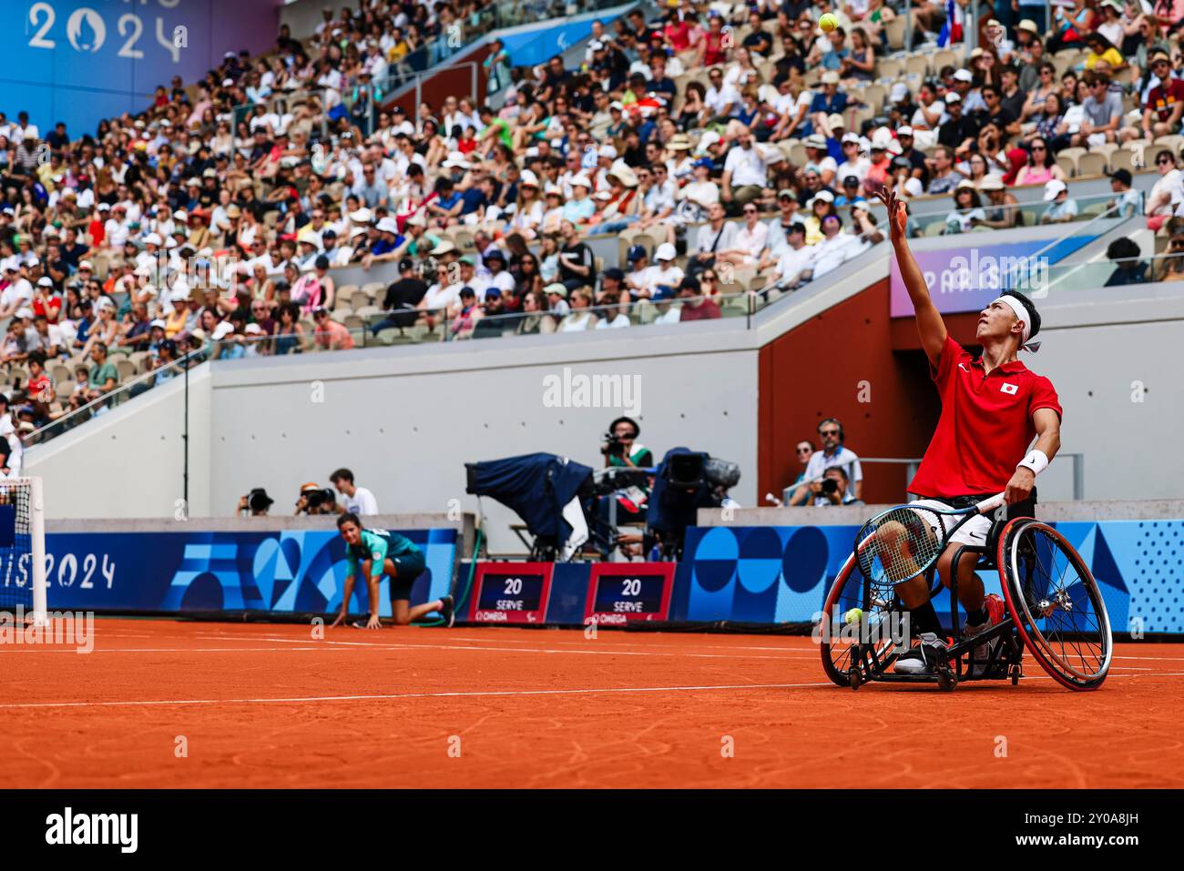 Paris, Sept. 1, 2024, Paralympic wheelchair tennis event. Tokito Oda ...