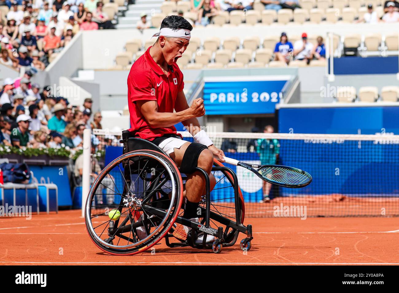 Paris, Sept. 1, 2024, Paralympic wheelchair tennis event. Tokito Oda ...