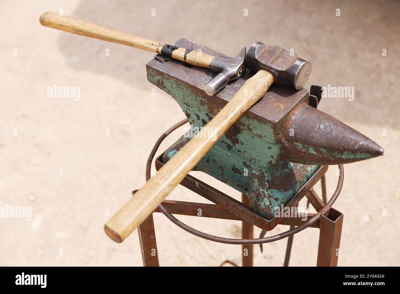 Farrier tools close up view at rural horse farm. Equestrian background ...