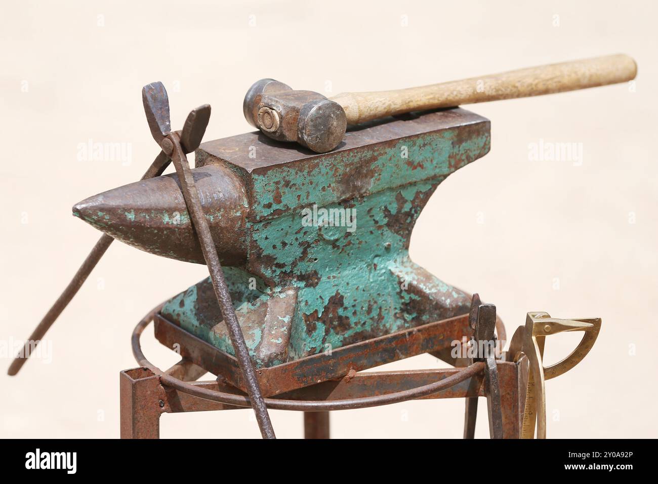 Farrier tools close up view at rural horse farm. Equestrian background ...