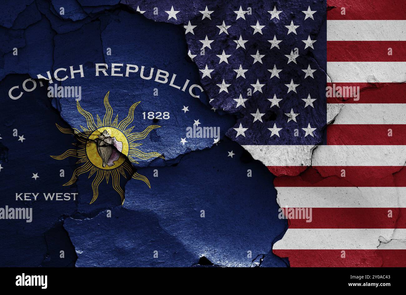Flags of Key West and USA painted on cracked wall Stock Photo - Alamy
