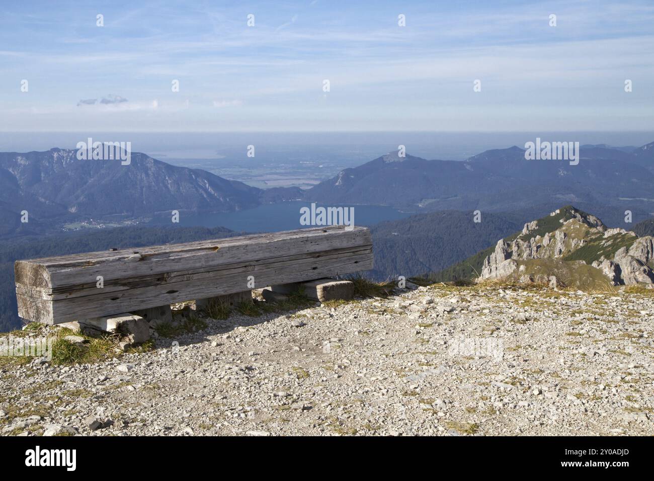 Bench with a view of Lake Walchensee in the Alps, Bavaria Stock Photo ...