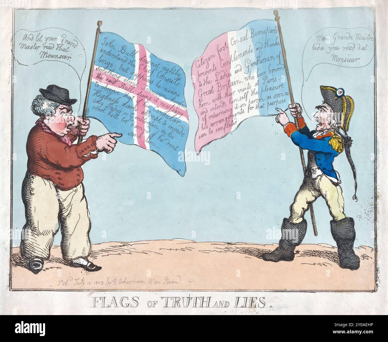 A print coloured engraving of Flags of Truth and Lies, Britain vs ...