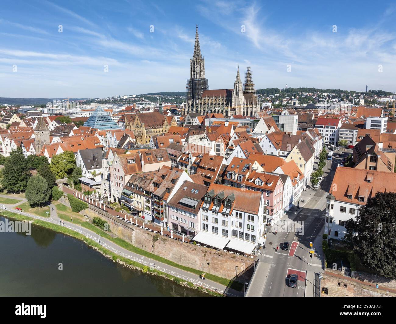 Aerial view of Ulm's historic city centre with the Danube and the ...
