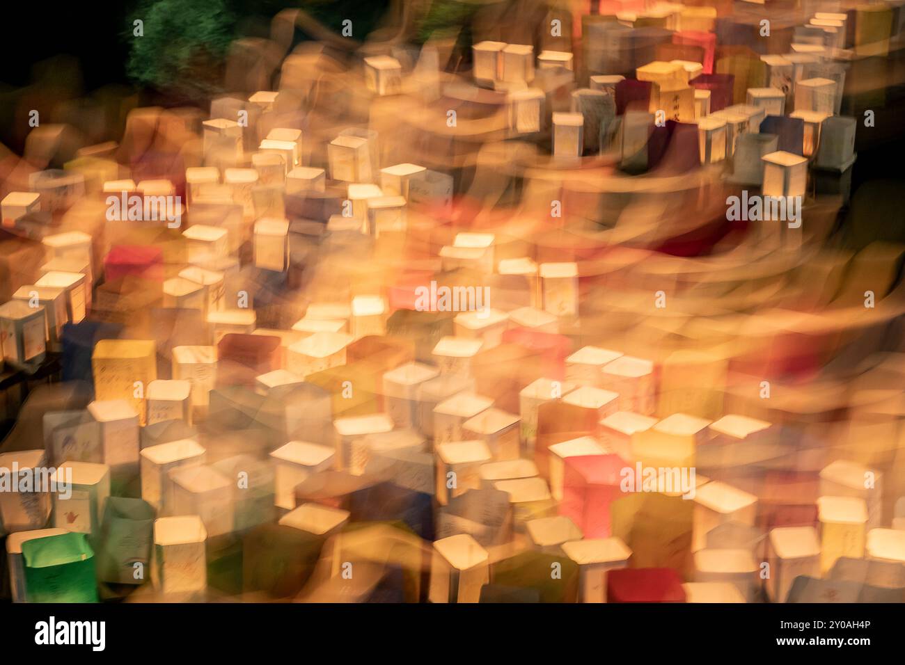 Lanterns on the river, in front of Atomic Bomb Dome with floating lamps ...