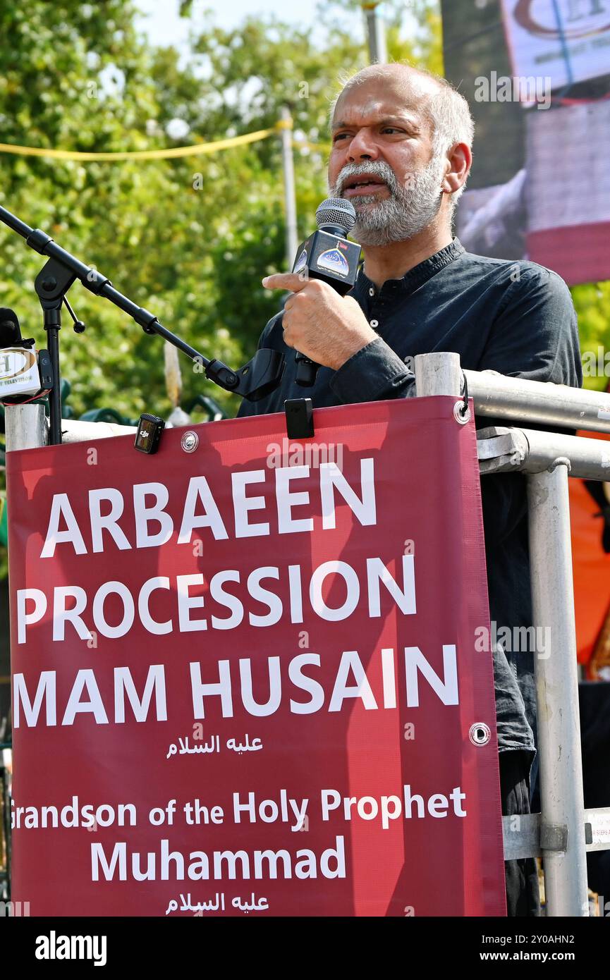 LONDON, UK. 1st Sep, 2024. Speaker at The 44th Arbaeen Procession UK of ...