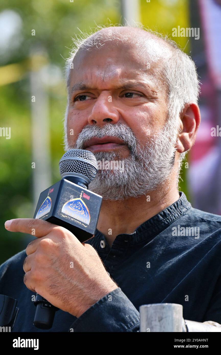 LONDON, UK. 1st Sep, 2024. Speaker at The 44th Arbaeen Procession UK of ...