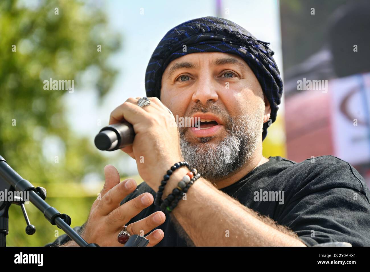 LONDON, UK. 1st Sep, 2024. Speaker at The 44th Arbaeen Procession UK of ...