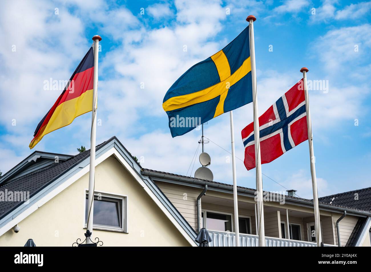 Tappernoje, Denmark, July 23, 2024 - German, Swedish and Danish flags ...